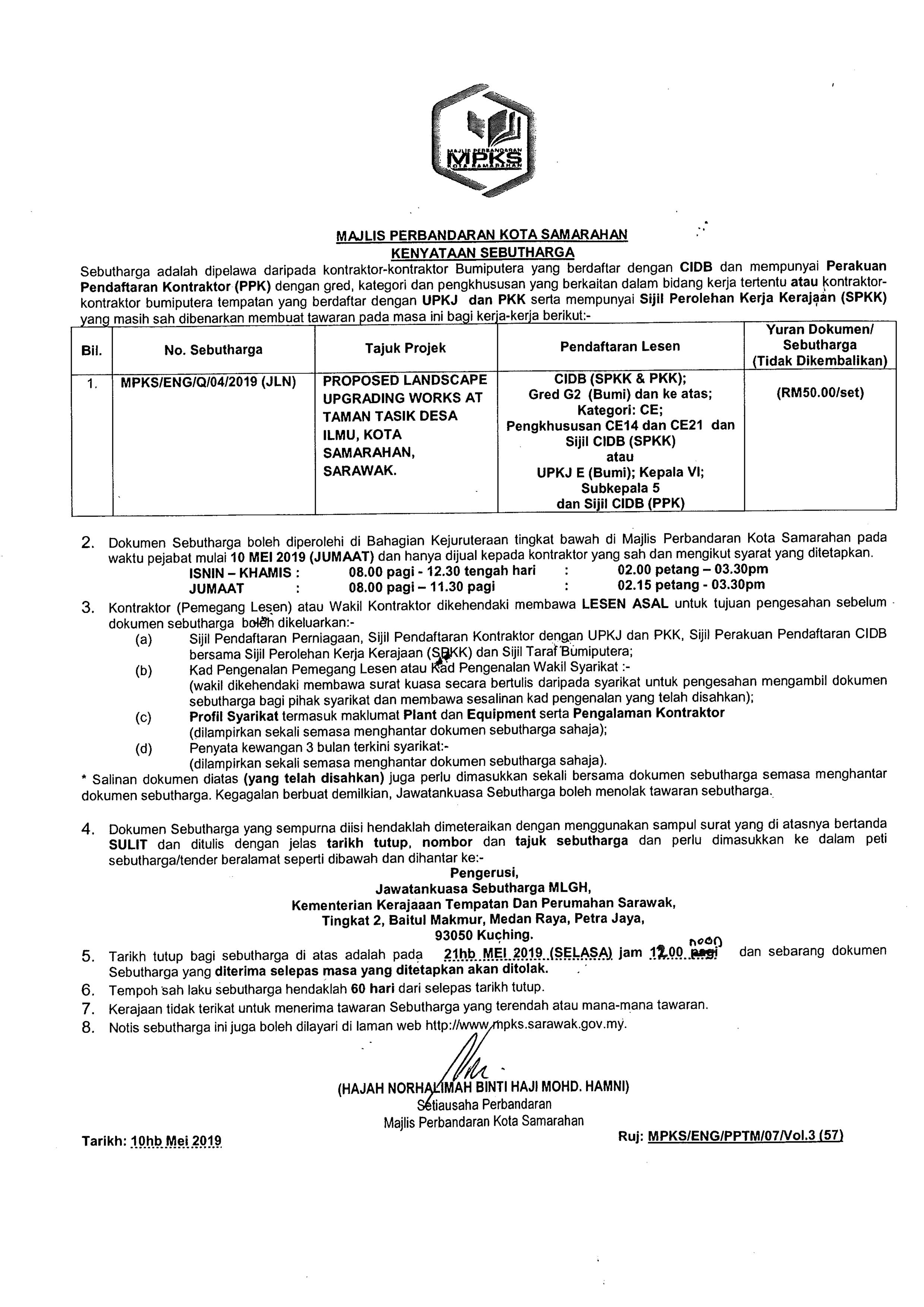 TENDER MAY - Laman Web Rasmi Majlis Perbandaran Kota Samarahan